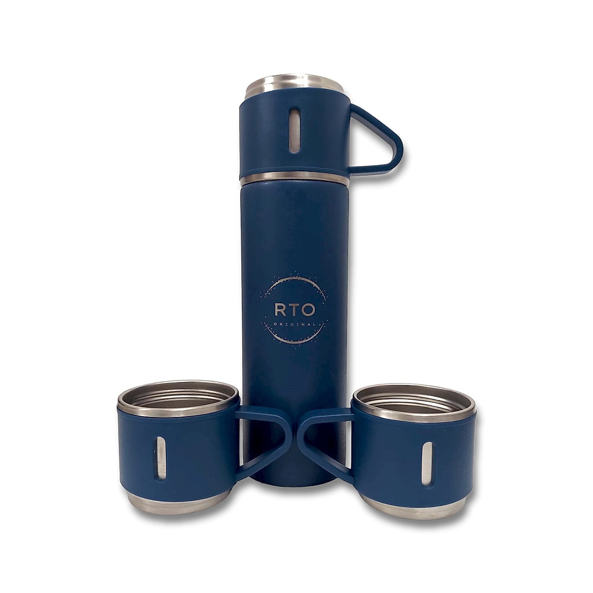 RTO Original Coffee Thermos Set with 3 Cups, Stainless Steel Insulated Flask 500ml/16oz for Hot & Cold Drinking, Also Includes Protection Box for Portability (Blue)