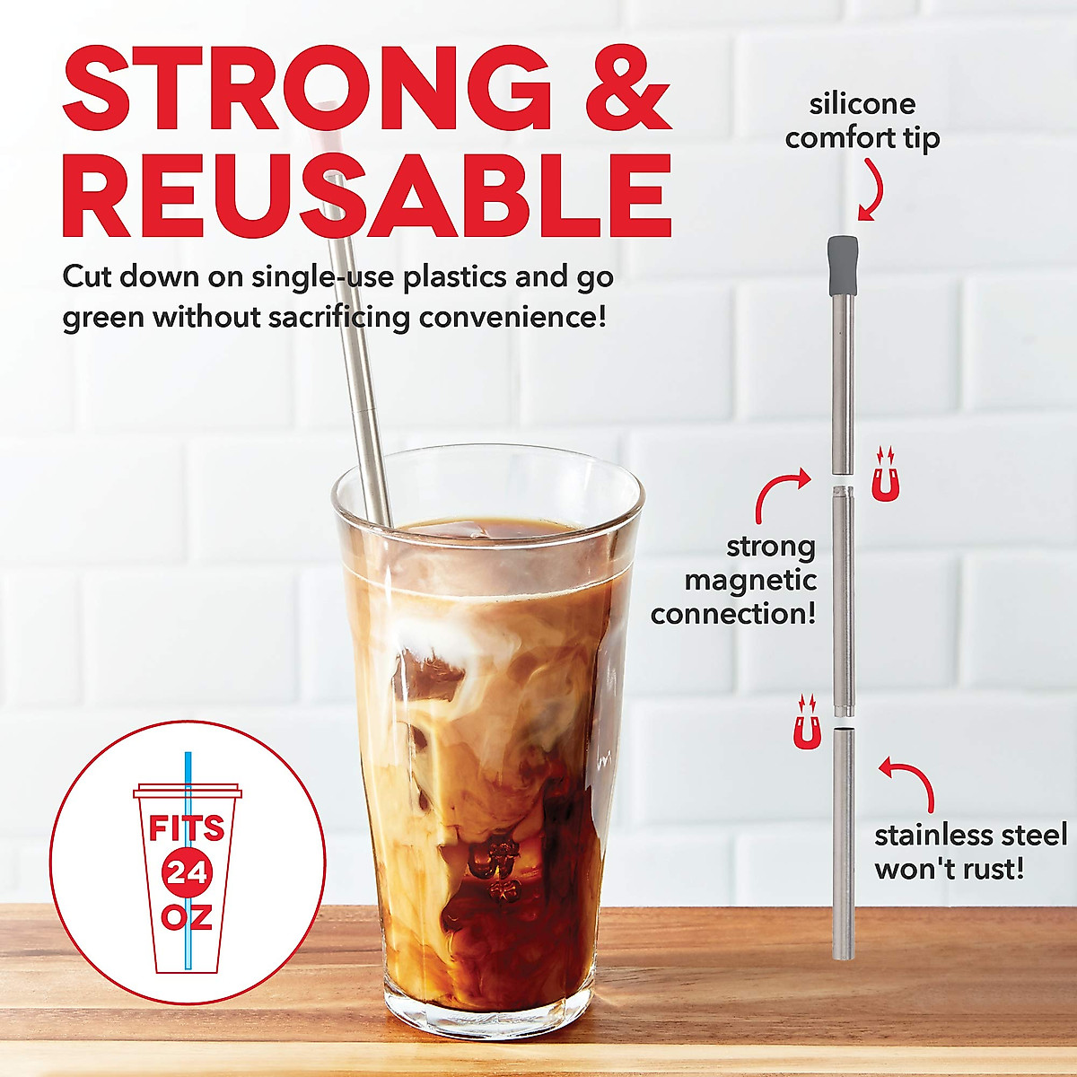 DASH Super Straw - Stainless Steel Magnetic Reusable Straw with Carrying Case and Cleaning Brush Included, 2-Pack - Grey/Rose, 9.5 Inches (DMSS002)