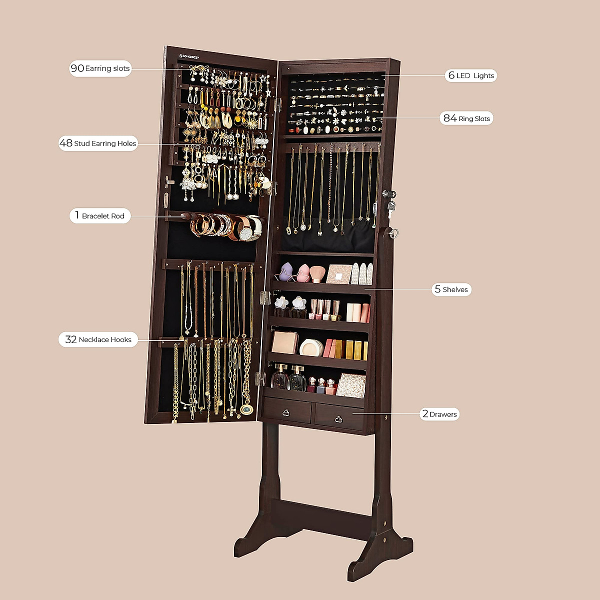 SONGMICS Jewelry Cabinet with 6 LED Lights, Lockable Mirrored Jewelry Armoire Organizer, 2 Drawers, Brown UJJC94K