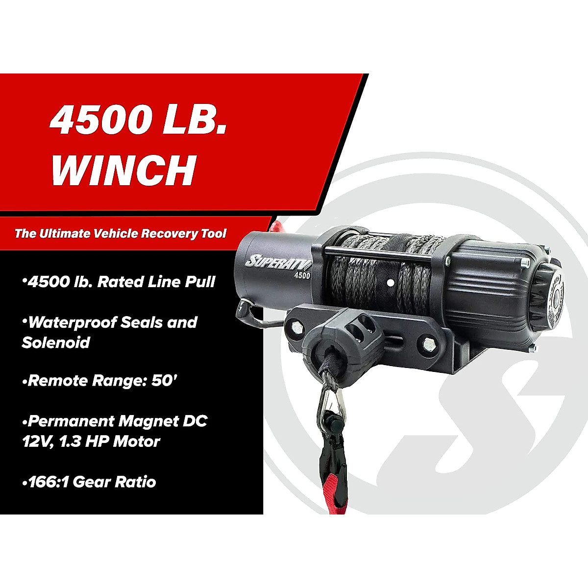 SuperATV 4500 lb Winch For UTV/ATV | Complete Black Ops Winch Kit | Waterproof Seals And Solenoid | 1.3 HP Motor | 166:1 Gear Ratio