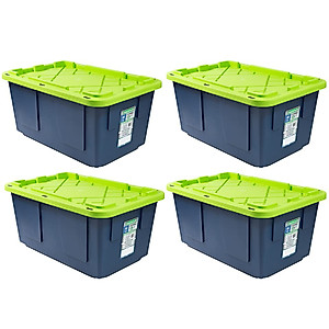 GREENMADE Extra Strong 27 Gallon Plastic Storage Bin, Multi Color, 4 Pack. Heavy Duty Built With Snap Fit Lid. Factory Direct (Navy & Green)