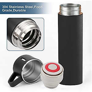 Coffee Thermos Stainless Steel Vacuum-Insulated Water Bottle, 500ml/16.9oz Insulated Bottle with Cup for Hot & Cold Drink Travel Mug (Black, Three Cup)