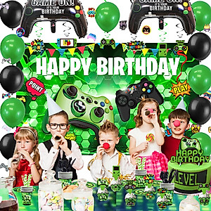 Green Gamer Birthday Party Decoration - 217Pcs Video Game Gaming Party Supplies For Boys Birthday Party - Backdrop, Table Cover, Plates, Cups, Napkins, Utensils, Hanging Swirls, Cupcake Topper, Cake