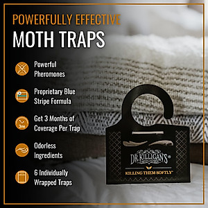 Dr. Killigan's Premium Clothing Moth Traps with Pheromones Prime | 6-Pack Non-Toxic Clothes Moth Trap with Lure for Closets & Carpet | Moth Treatment & Prevention | Case Making & Web Spinning (Black)