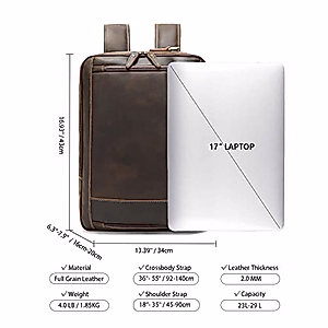 Taertii 2 in 1 Vintage Expandable Leather Backpack For Men, Large Shoulder Crossbody Briefcase Work Travel Hiking Rucksack fits 16" Laptop