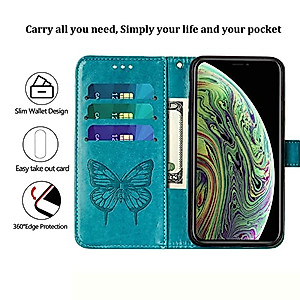Moment Dextrad for iPhone X/Xs Wallet Case,Kickstand[Wrist Strap][Card Holder Slots] Butterfly Floral Embossed Leather Flip Cover for iPhone X/XS/10 (Blue)
