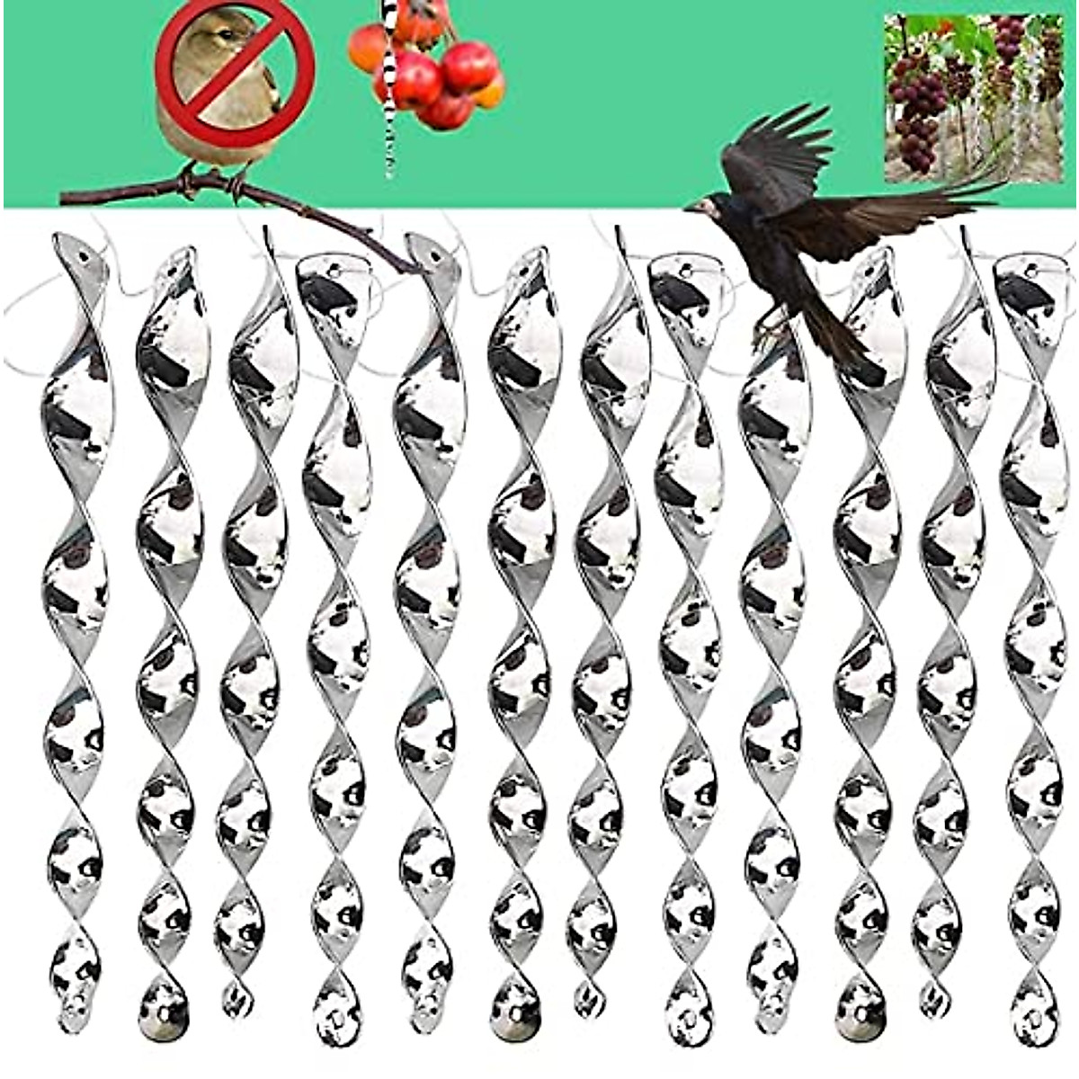 30 PC Package -Repellent Reflective Ornamental Spiral Deterrent to Keep Birds Away. Hanging Wind Twisting Scare Bird Rods Deflectors Decoys. Decorative Bird Deterrent to Protect Home and Garden.