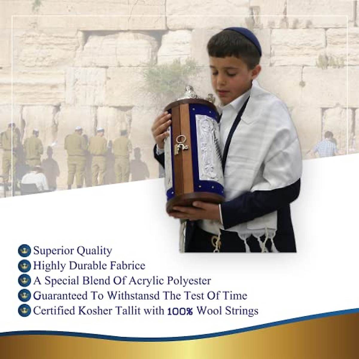 Ateret Judaica Traditional Tallit Prayer Shawl from Israel, supervised kosher, with Bracha on The Neck. with Matching Fabric Cover & Free Clear Plastic Cover