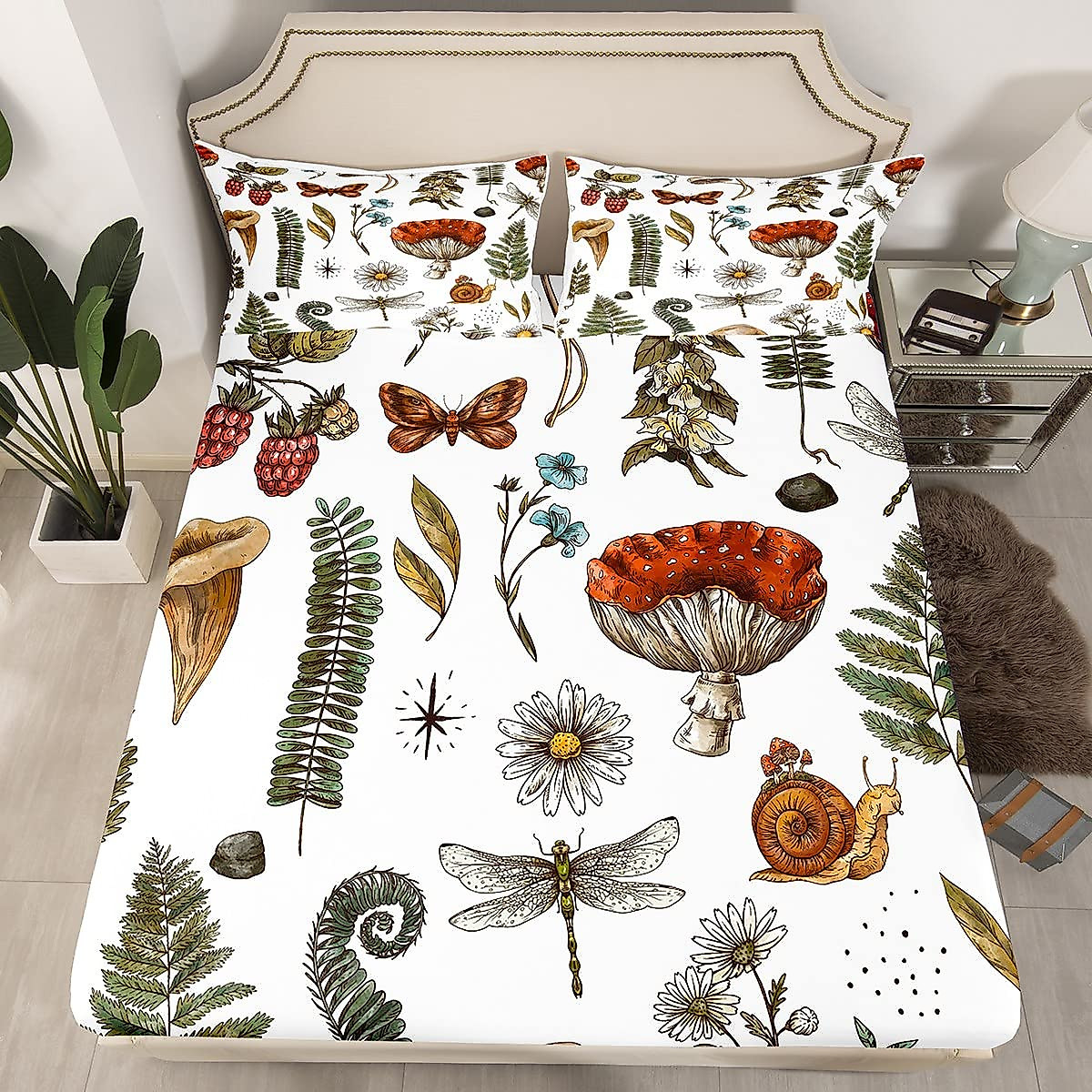 Mushroom Bed Sheets Full Size 4 Pcs Wild Dragonfly Butterfly Hippie Daisy Sheets Set for Teens Adults Botanical Leaves Outdoor Plants Rustic Style Bedding Set with Flat,Fitted Sheet,2 Pillowcases