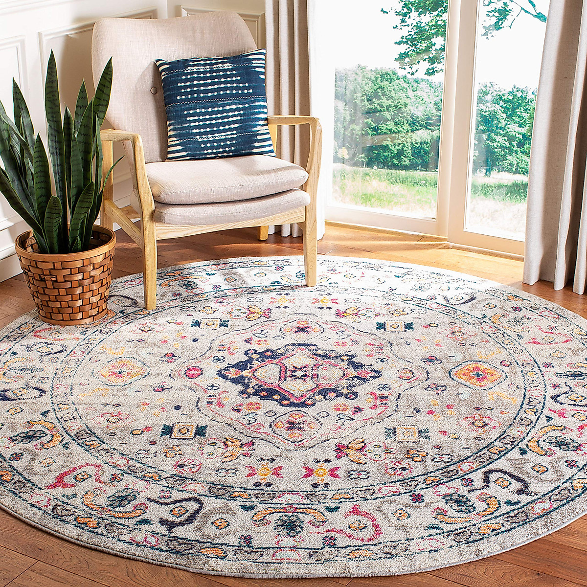 SAFAVIEH Madison Collection Area Rug - 6'7" Round, Grey & Blue, Boho Chic Medallion Distressed Design, Non-Shedding & Easy Care, Ideal for High Traffic Areas in Living Room, Bedroom (MAD468F)