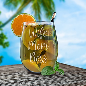 shop4ever Wife Mom Boss Laser Engraved Stemless Wine Glass ~ Mother's Day Gift for New Mommy Birthday