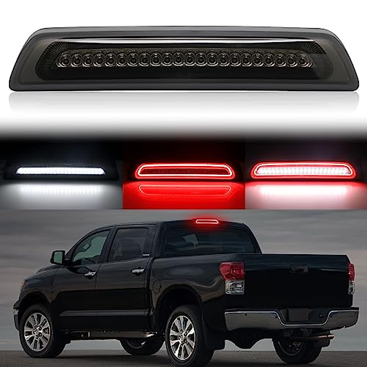 AUYICH LED Third Brake Light Compatible with Tundra 2007-2021, Rear Center High Mount Stop Light, F1 Style Strobe Roof Cargo Lamp, 3rd Brake Light Assembly Replace, Smoked Lens, Plug&Play, Waterproof