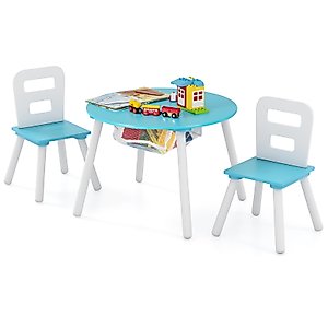 Costzon Kids Table and Chair Set, Wood Activity Table w/Center Mesh Storage, Children Furniture Gift for Boys & Girls, Ideal for Arts, Crafts, Snack Time, Homework, Toddler Table and Chair Set, Blue