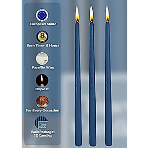 12 Pack Tall Taper Candles - 10 Inch Midnight Blue Dripless, Unscented Dinner Candle - Paraffin Wax with Cotton Wicks - 8 Hour Burn Time