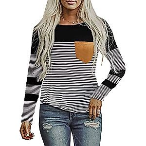 Diukia Women's Pinstripe Patch Pocket Long Sleeve Tops Stripe Color Block Lightweight Pullover Shirt for Girls Teens Junior Ladies Black L