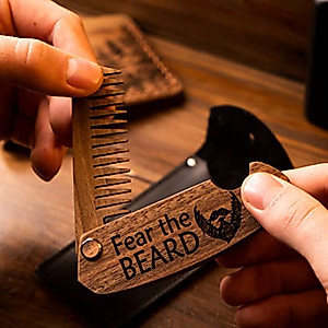 Wooden Beard Comb for Men Folding Pocket Comb for Moustache Beard & Hair Walnut Combs with the Engraving (Fear The Beard)