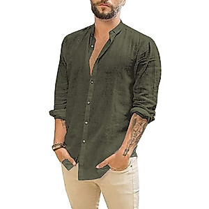 JEKAOYI Mens Casual Long Sleeve Cotton Linen Shirts Buttons Down Solid Plain Roll-Up Sleeve Summer Beach Shirts Olive Green