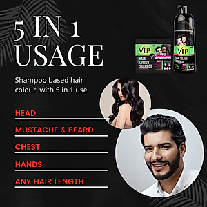 VIP 5 in 1 Hair Color Shampoo (400ml Bottle + 2 Sachets) (black) For Hairs, Mustache, Beard, Chest & hands, Ammonia Free Instant Hair Colour Can be Applied with Bare Wet hands