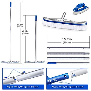 Topmart Swimming Pool Brush Set,18" Pool Brush Head with 4-Section Aluminum Pole and Hand Sponge Brush,Pool Scrub Brush with EZ Clips,Pool Brushes for Cleaning Pool Wall,Tile and Floor