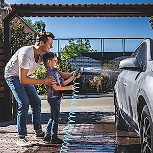 Yereen Coil Garden Hose 25FT, EVA Recoil Garden Hose, Transparent Self-coiling Water Hose with 3/4" Brass Connector Fittings with 10 Function Spray Nozzle, Blue