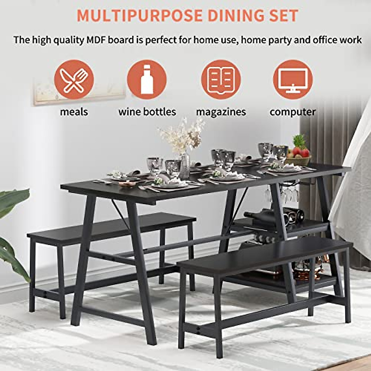 SogesHome 55’’ Kitchen Table Sets, 3-Piece Dining Room Table and Benches for 4, Breakfast Lunch Table with Wine Rack and Glass Holder for Kitchen, Living-Room, Small Space, Black