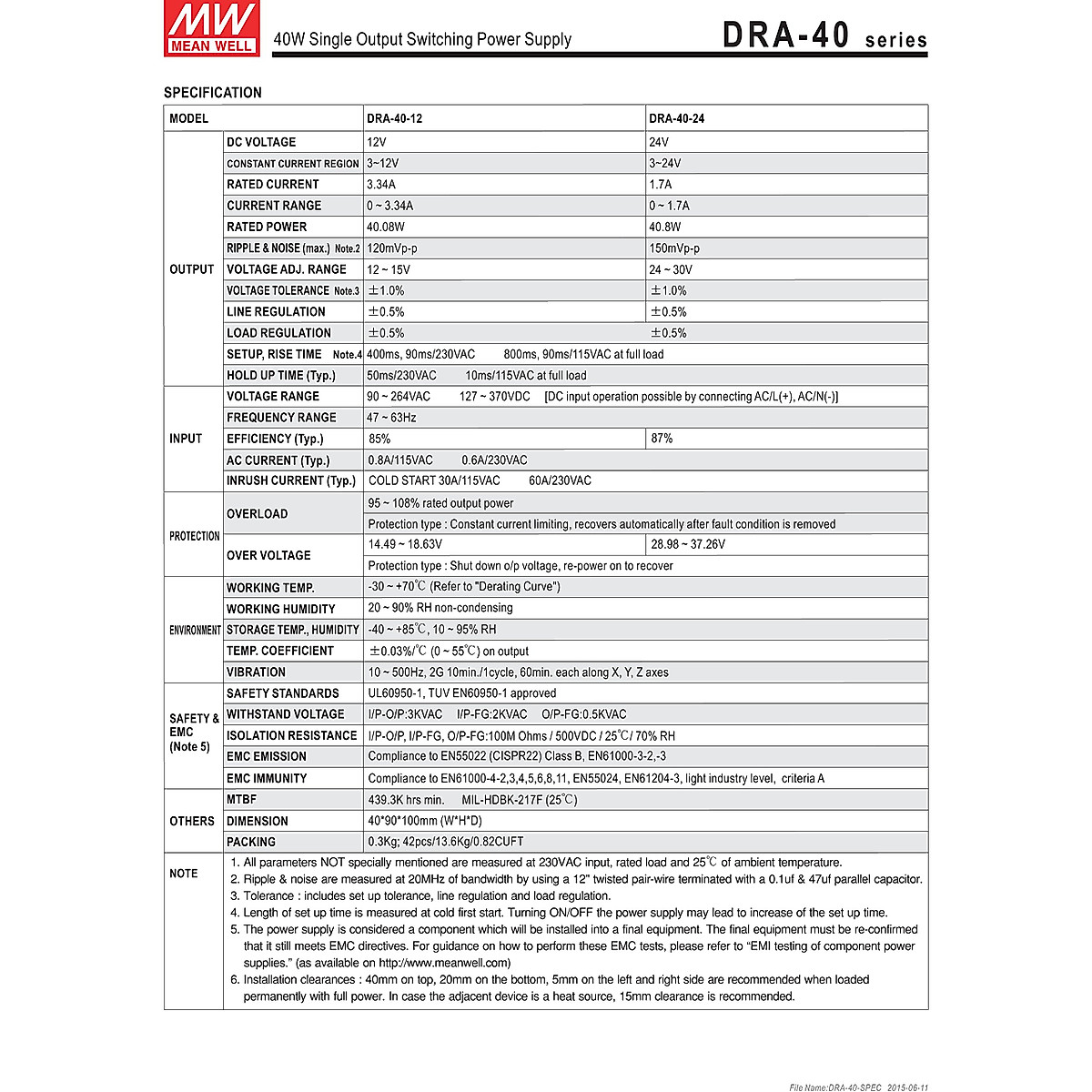 [PowerNex] Mean Well DRA-40-12 12V 3.34A 40W Single Output Switching Power Supply