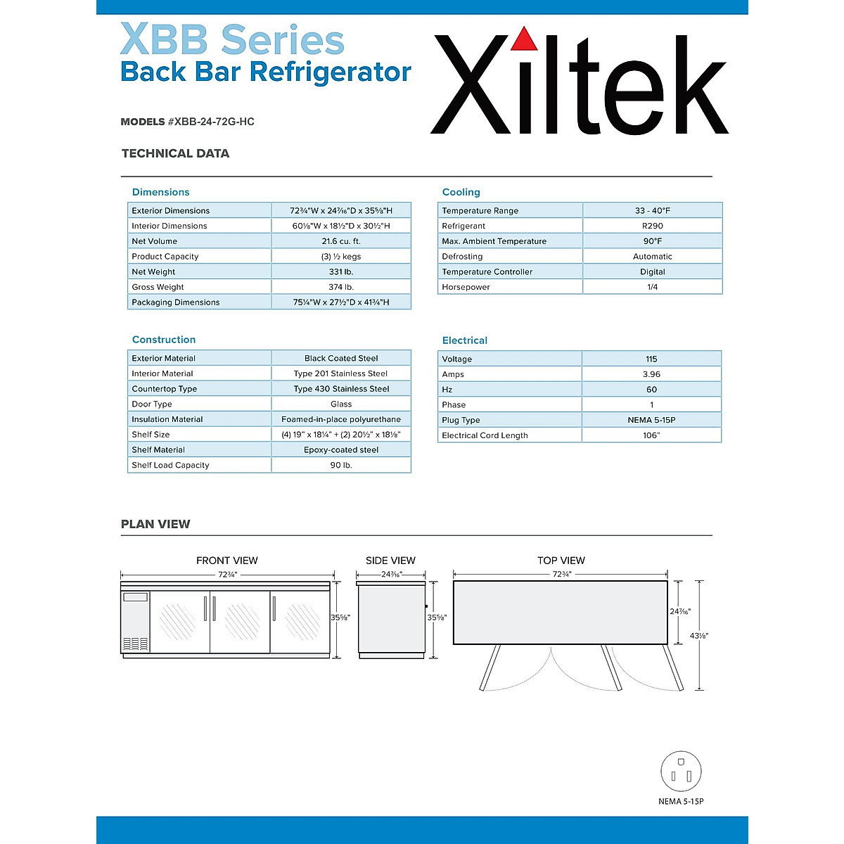 Xiltek New 72" Three Glass Door Back Bar Beer Cooler Refrigerator