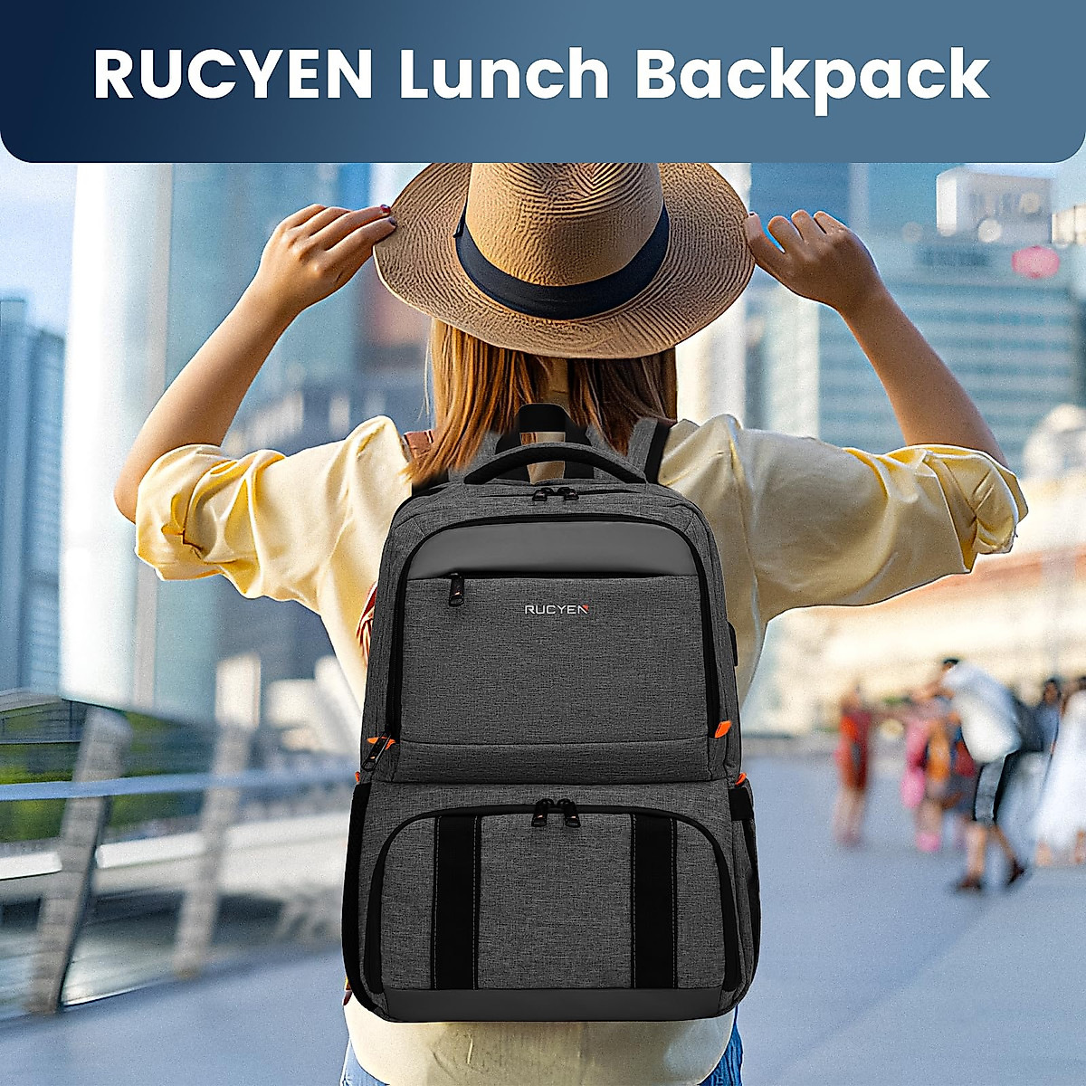 Lunch Backpack, Insulated Cooler Backpack Lunch Box for Men Women, 15.6 Inches RFID Blocking Laptop Backpack with USB Port, Water Resistant Leak-proof Lunch Bag for Work School Picnics Hiking Black