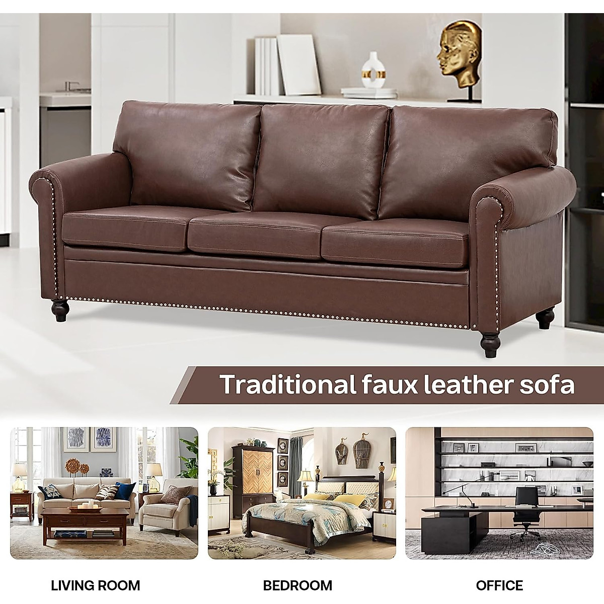 Brown Leather Couch, Comfy Classic 3 Seater Living Room Sofa，Mid-Century Modern Sofa with Detachable Cushions 84" for Living Rooms, Bedrooms, Offices,Apartments Tool-Free Assembly(Brown PU + Sofa)