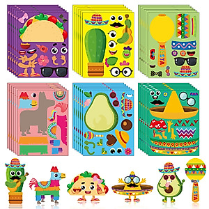 Haooryx 36Pcs Make Your Own Fiesta Stickers Sheet, Make a Face Stickers Game Mexican Fiesta Cinco De Mayo Taco Sticker Mix and Match Cactus Sticker for Kids Birthday Party Favor Gift Art Craft Rewards