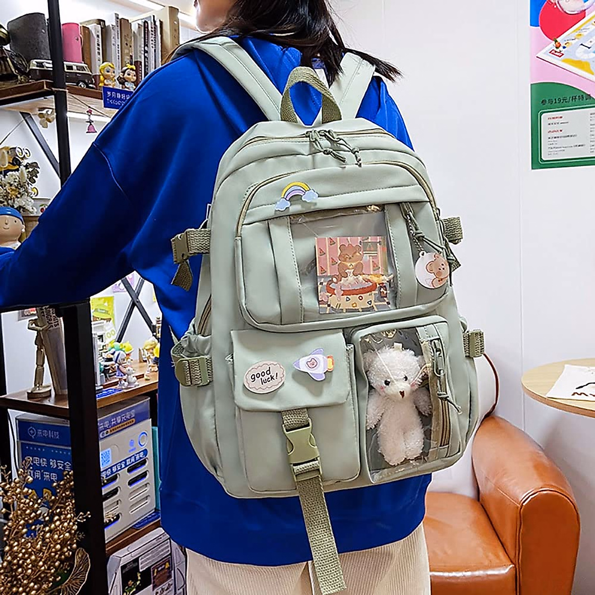 LELEBEAR Kawaii Backpack For School, Cute Bookbags With Kawaii Pin And Accessories For Teen Girls (Sage Green)