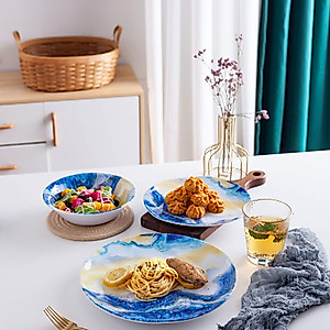 Topmela 12 Pcs Melamine Dinnerware Set - Indoor and Outdoor Durable Plastic Dishes Dishware，Melamine Dinner Plates and Bowls Sets Service for 4，Lightweight Unbreakable（Landscape Painting）