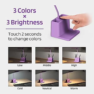 AXX Cute Purple Desk Lamp, Rechargeable Study Table Light for Home Office, Small, Battery Operated, LED, Flexible Gooseneck, Mini, Cordless, College Dorm Room Desktop Accessories for Kids Teen Girls