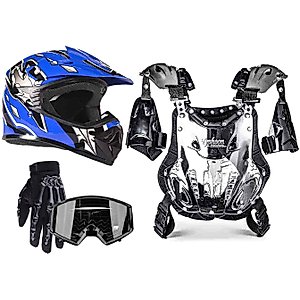 Typhoon Kids Youth Offroad Helmet Gloves Goggles Chest Protector Gear Combo Motocross ATV Dirt Bike MX Black Blue ( Medium )