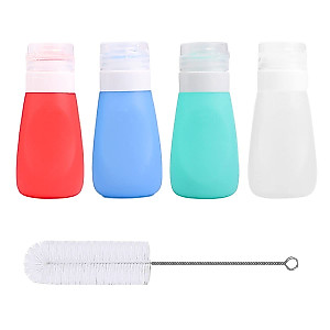 Timiuu Squeeze Salad Dressing Bottles with Cleaning Brush | Portable Sauce Bottles Condiment Bottles | Dressing to Go for Lunch | 3 OZ, Set of 4 | Food-Grade Silicone, BPA Free