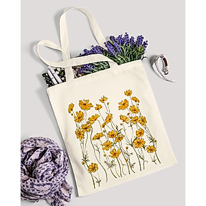 AUSVKAI Canvas Tote Bag Aesthetic for Women, Cute Yellow Flower Reusable Cloth Cotton Bags for Shopping School Beach Trendy Gifts