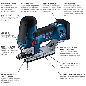 BOSCH GST18V-60BCN 18V Brushless Connected Barrel-Grip Jig Saw, 3,800 SPM, LED Light, Tool-free Blade Change (Bare Tool)