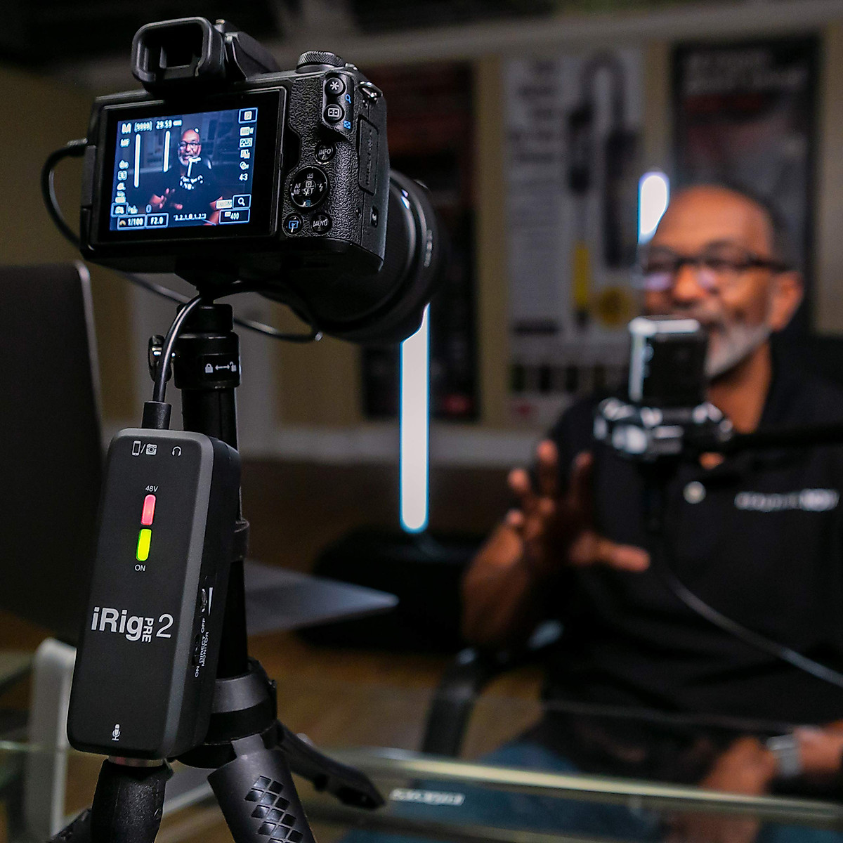 IK Multimedia iRig Pre 2 mic preamp adapter interface for iPhone, iPad, Android, iOS & DSLR cameras, with +48V phantom power, XLR connector & headphone output