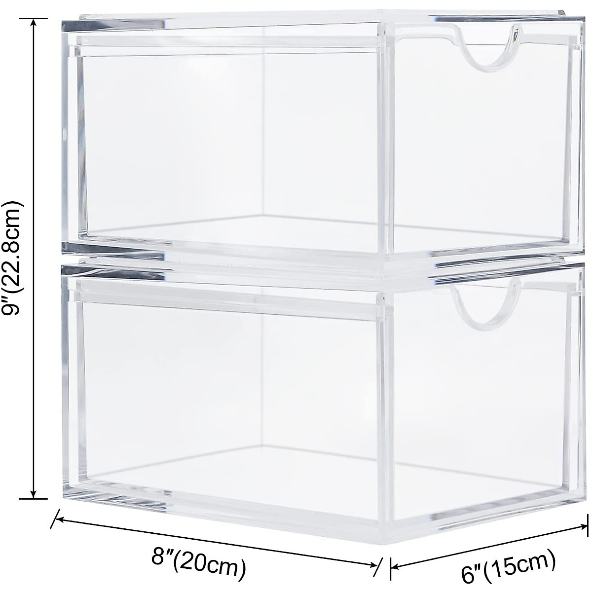 Stackable Cosmetic Organizer Storage Drawers, Set of 2 Acrylic Makeup Storage Organizer, Clear Storage Bins for Bathroom Vanity Countertop Bedroom Dresser Kitchen Cabinet Undersink and Pantry