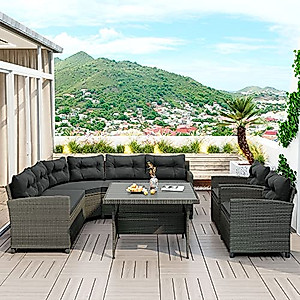 DHPM 6 Pieces Patio PE Wicker Furniture Set Outdoor Brown Rattan Sectional Conversation Sofa Chair with Storage Table and Beige Cushions, for Garden, Yard, Deck, Black