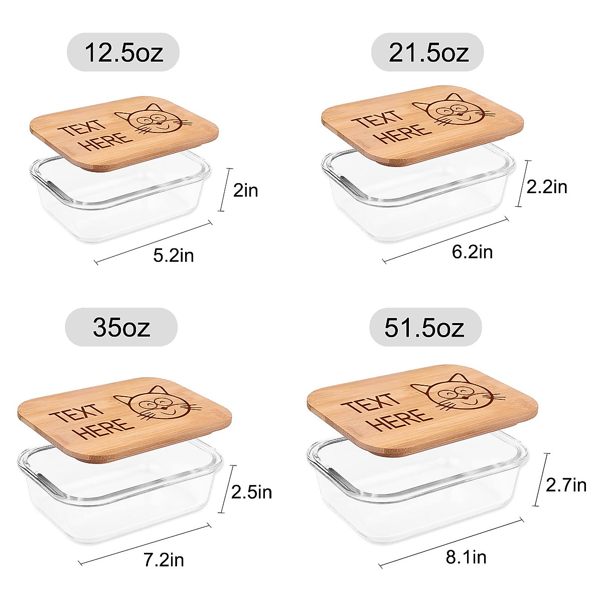 NGTSFLY Glass Food Storage Containers with Bamboo Lids, Custom Engraved Lids - Airtight, Glass Meal Prep Containers (12.5 oz / 370 ml)