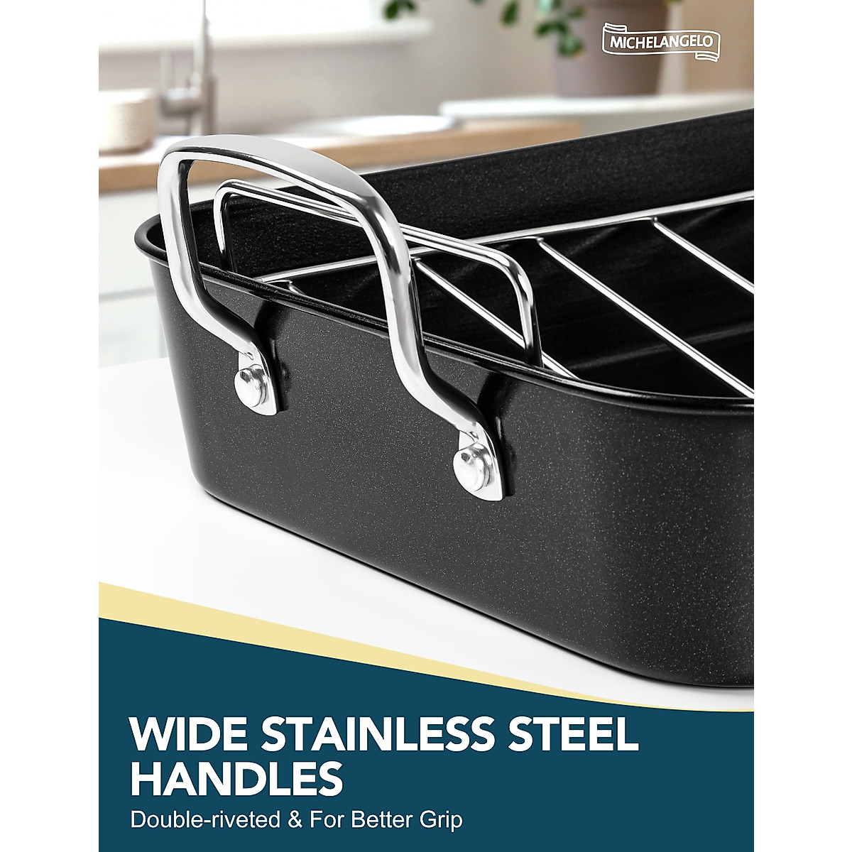 MICHELANGELO Carbon Steel Roasting Pan with Rack, Turkey Roasting Pan 15 Inch x 11 Inch, Nonstick Turkey Roaster Pan with Stainless Steel Rack, Induction Compatible