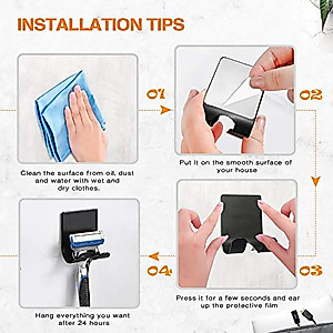 Razor Holder Shaver Hook Hanger Stand Caddy (2 Pack) Self Adhesive Stick on Hook Heavy Duty Stainless Steel Phone Holder for Shower, Tools for Hanging Washcloth Towel Loofah for Bathtub Wall, Black