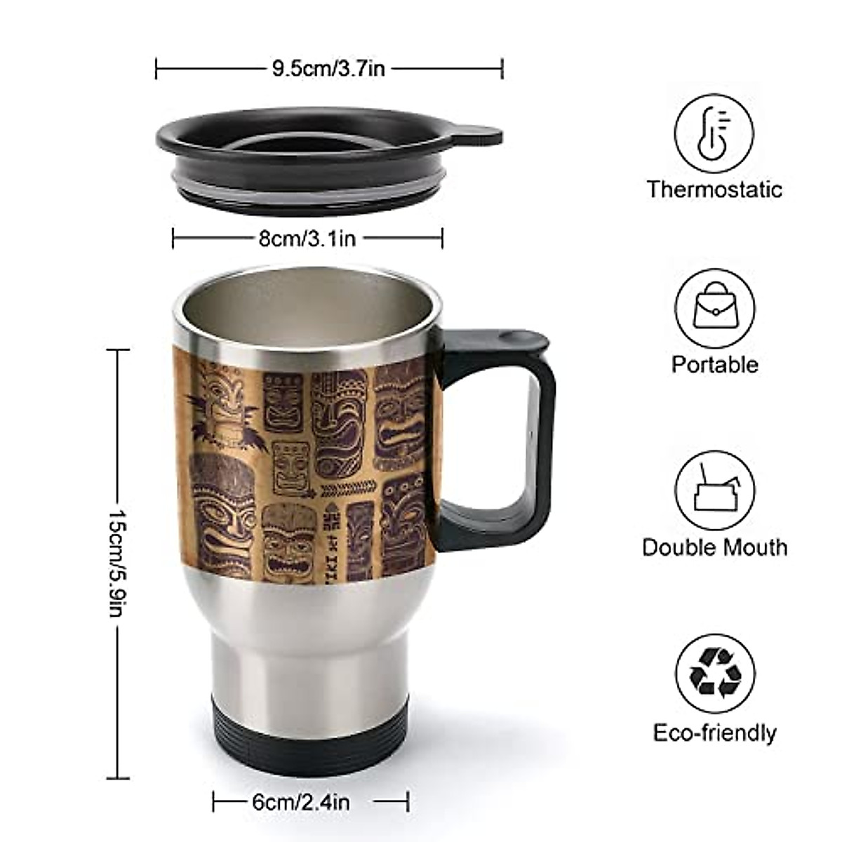 Oyihfvs Retro Tiki Icons Set Stainless Steel Travel Tea Mug for Car, Leak-Proof Vacuum Hot Cold Insulated Water Bottle, Thermal Tumbler Coffee Cup 14 oz
