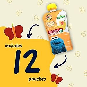 Earth's Best Organic Kids Snacks, Sesame Street Toddler Snacks, Organic Fruit Yogurt Smoothie for Toddlers 2 Years and Older, Peach Banana, 4.2 oz Resealable Pouch (Pack of 12)