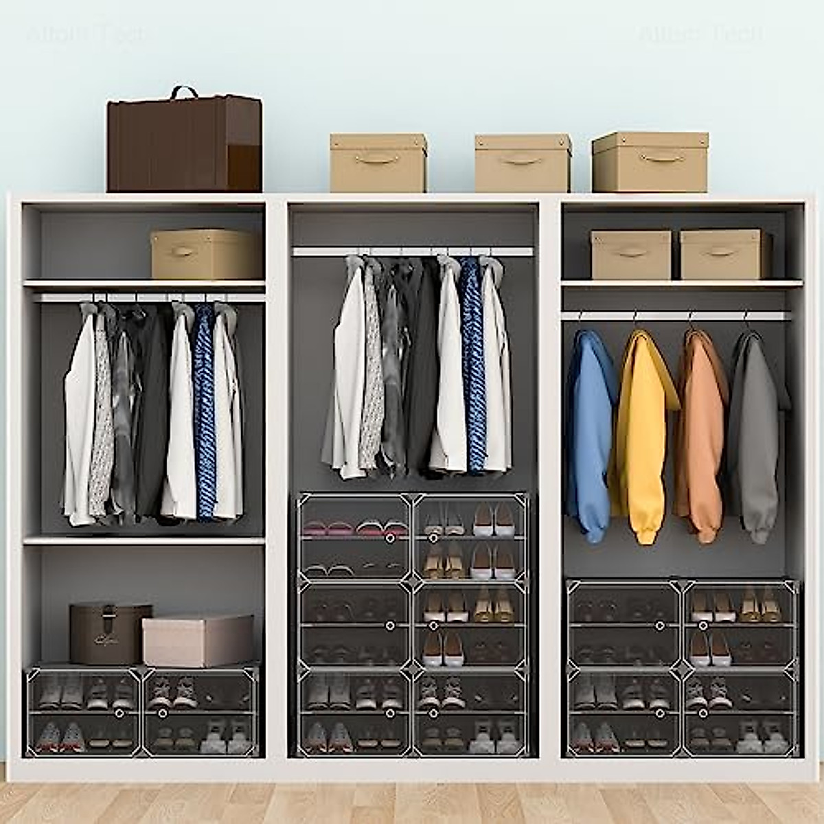 NiHome 24-Pair Shoe Organizer Cabinet with Doors and Top Shelf, Stackable, Expandable and Free-Standing Plastic Storage Rack for Entryway, Closet, Garage, Bedroom, Hallway and Office