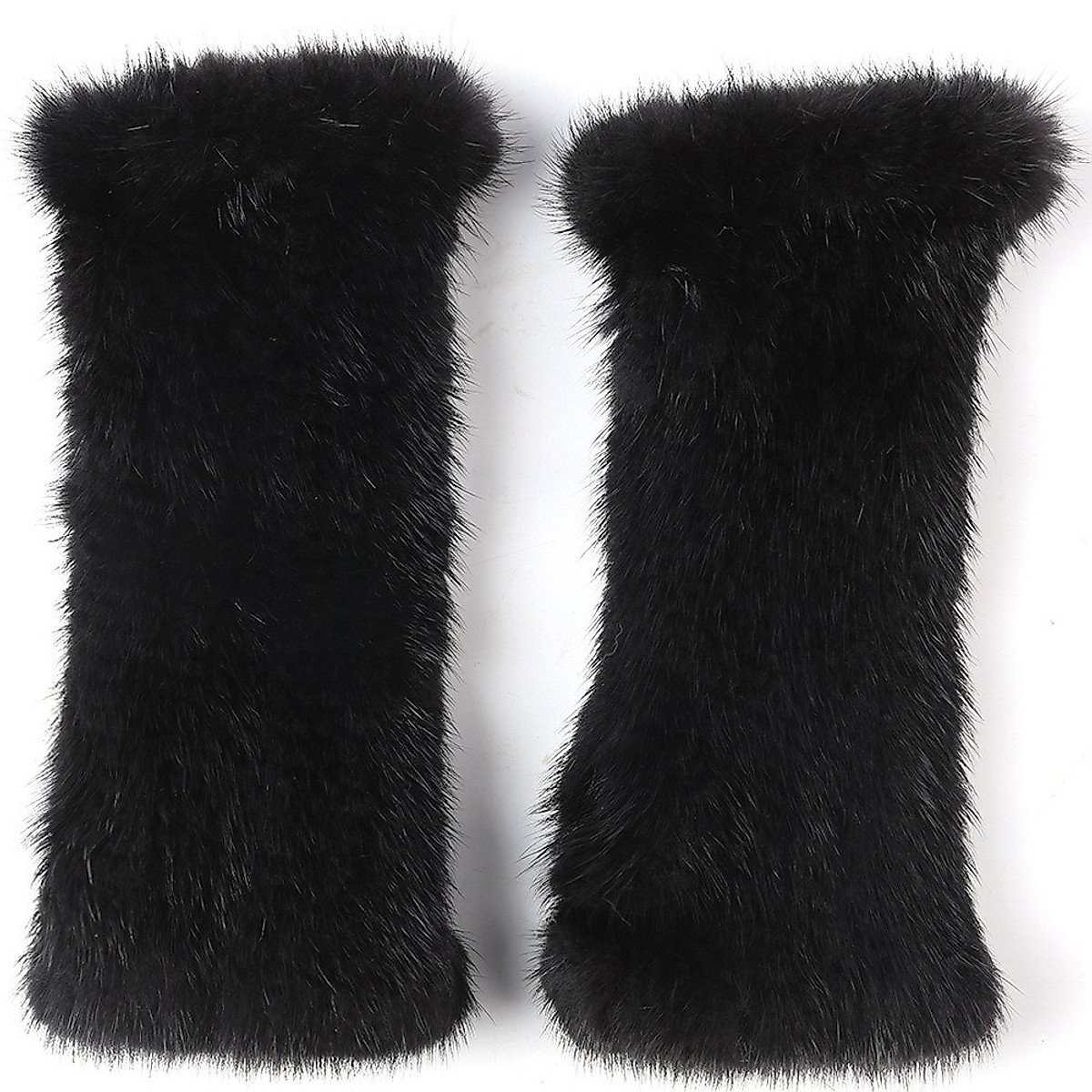 Valpeak 8'' Womens Winter Mittens Knitted Mink Fur Fingerless Gloves (Black)