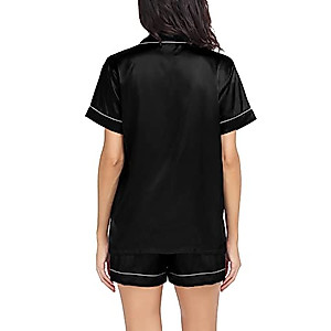 SWOMOG Woman Silk Pajamas Sets Button-Down Satin Loungewear Sleepwear 2 Pieces PJs Sets Cute Bridemide Mightwear Black