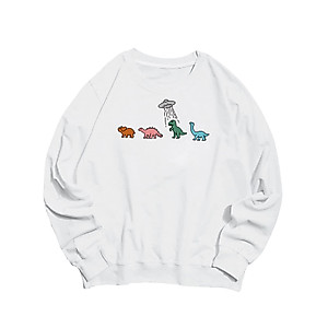 WDIRARA Men's Cartoon Dinosaur Graphic Print Long Sleeve Round Neck Sweatshirt White M