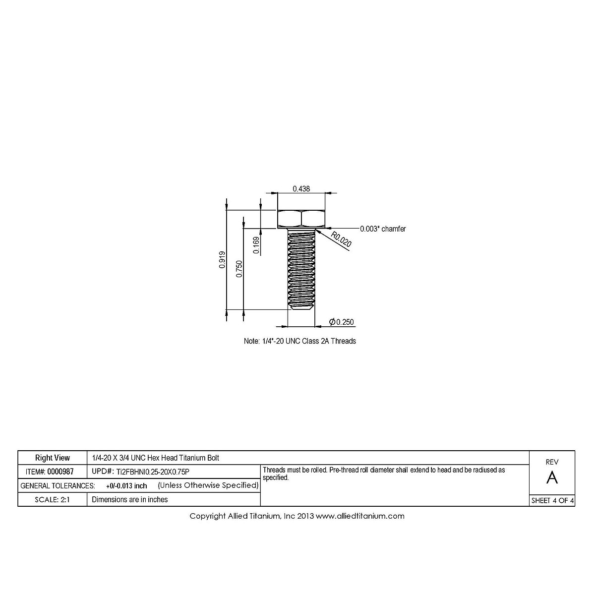 Allied Titanium 0000987, (Pack of 20) 1/4-20 X 3/4 UNC Titanium Hex Head Bolt, Grade 2 (CP)